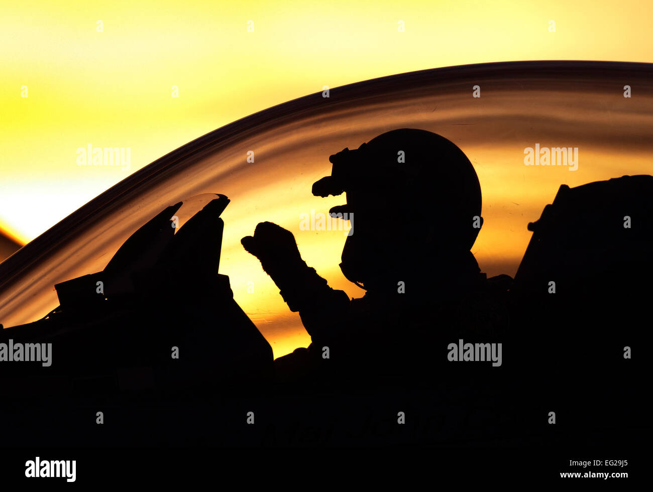 An F-16 Fighting Falcon aircraft pilot uses hand signals as he prepares ...