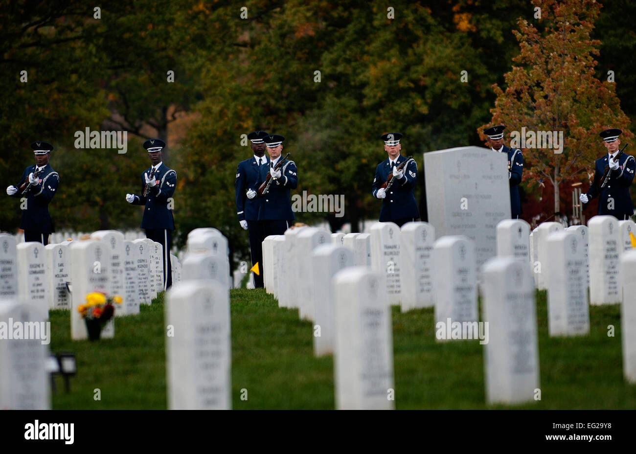 The Air Force Honor Guard firing team carries out a 3-volley rifle ...