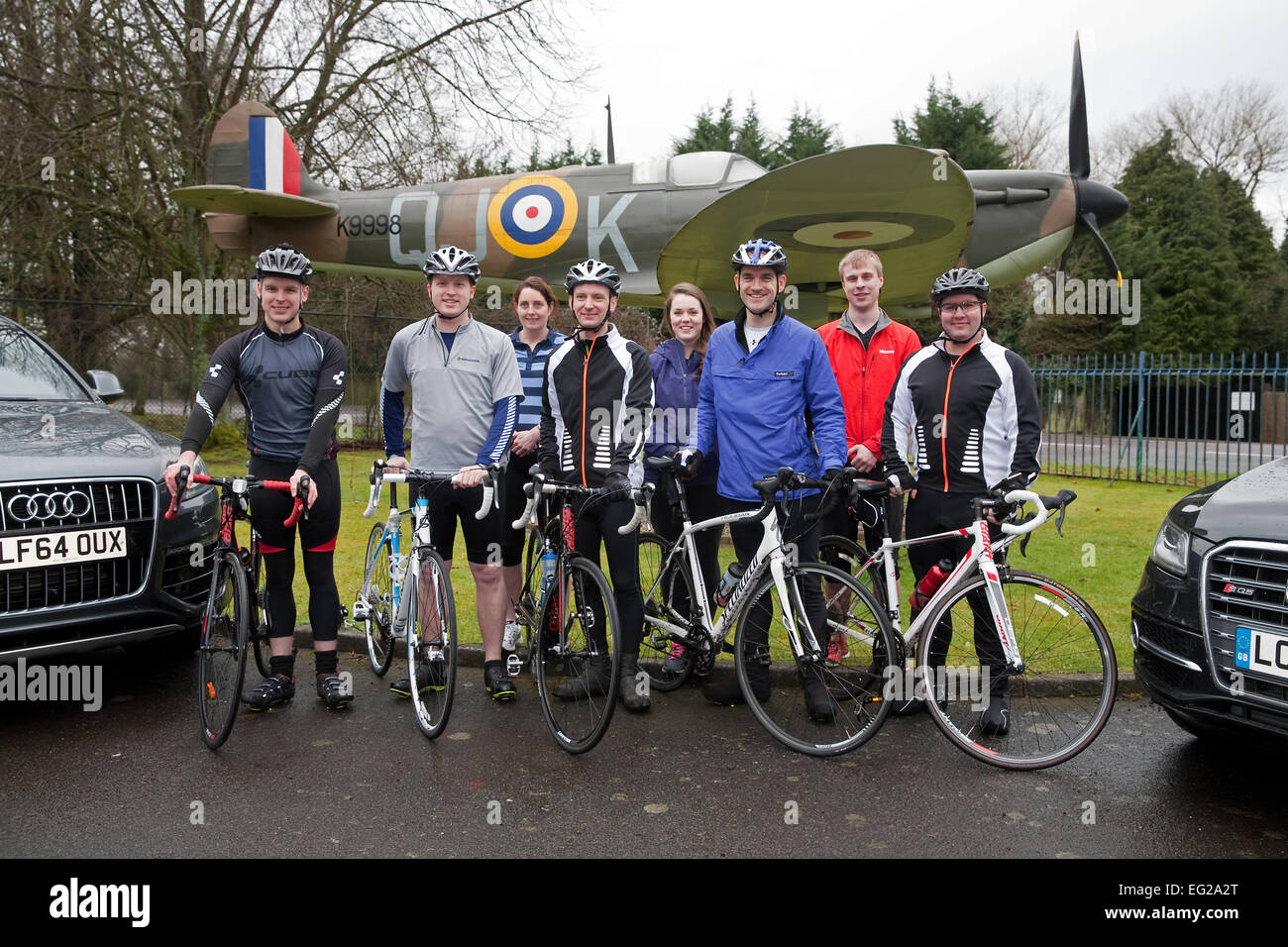 Riders pose in front of a spitfire at Biggin Hill ahead of the RAF Ride ...