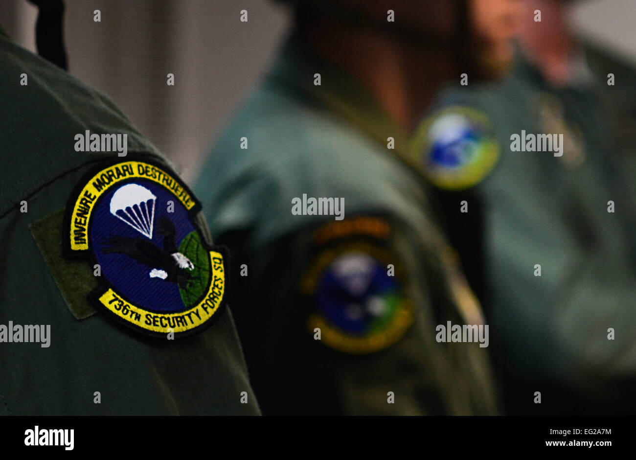 Members of the 736th Security Forces Squadron receive a pre-jump ...