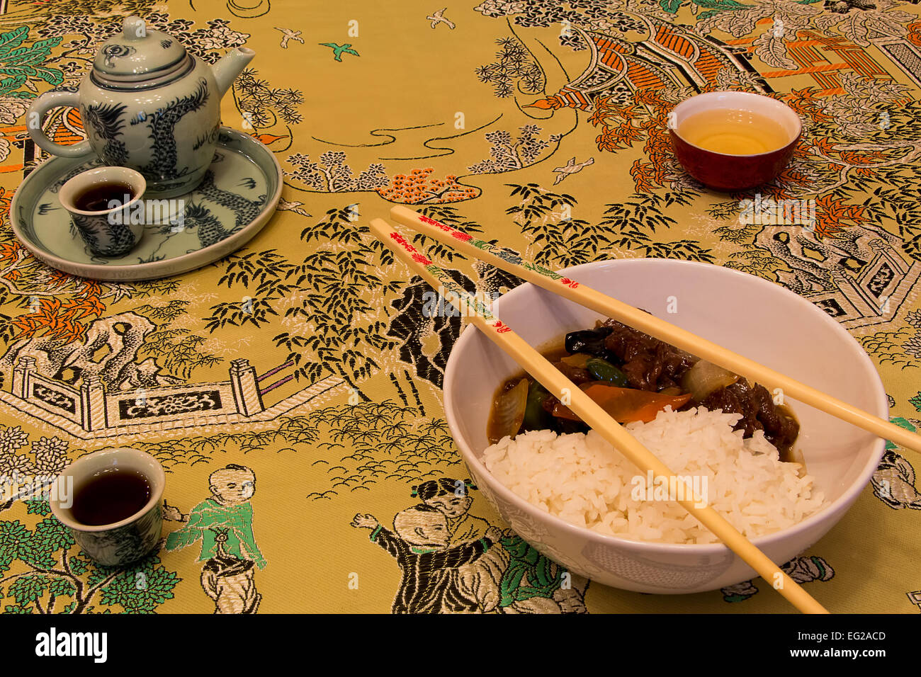 Chinese fast food served on a stylish tablecloth Stock Photo - Alamy