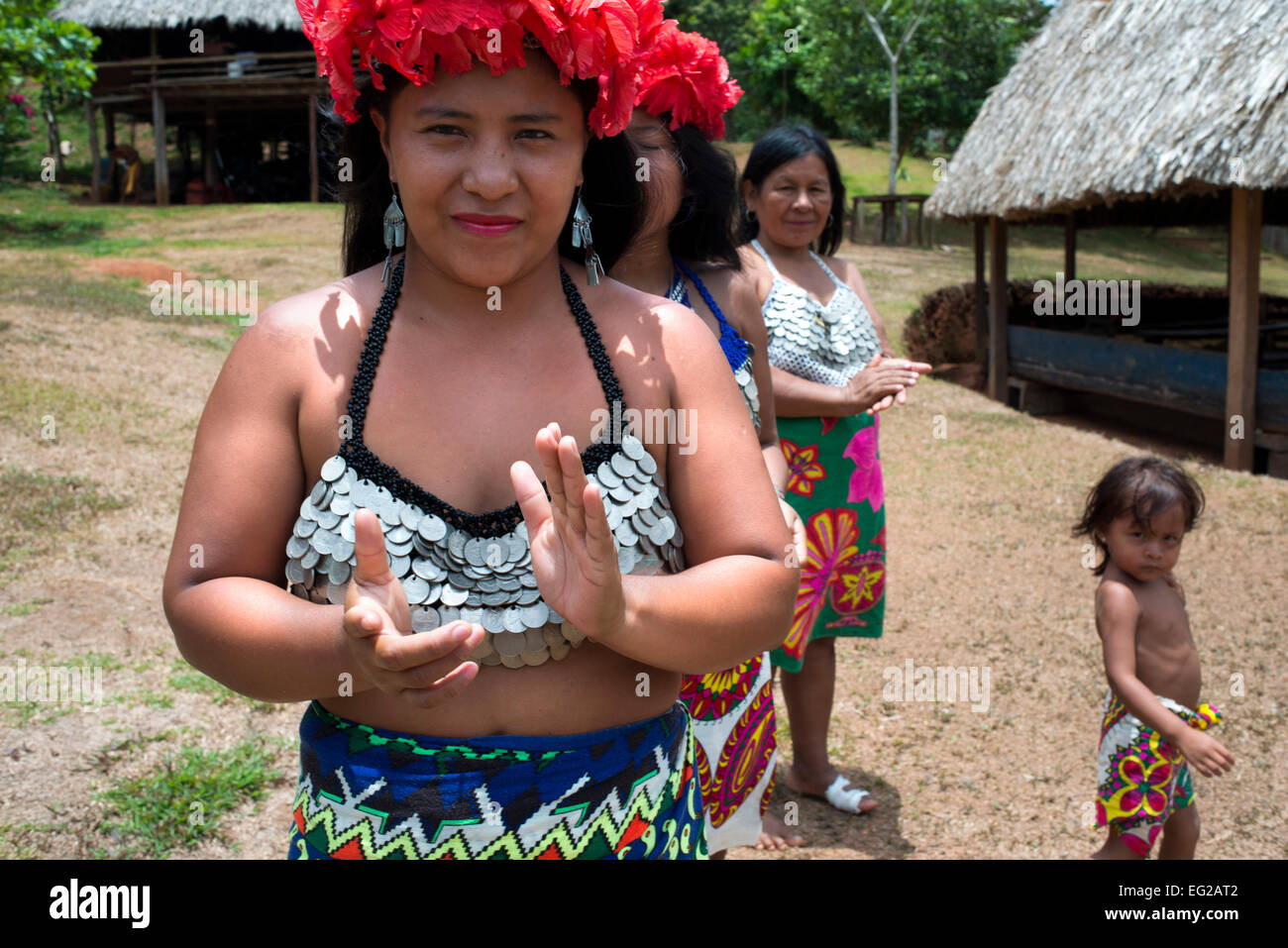 Music and dancing in the village of the Native Indian Embera Tribe ...