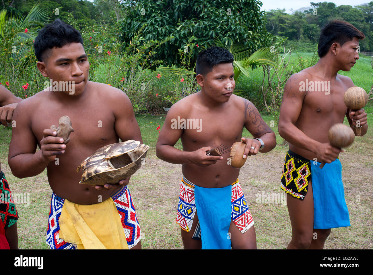 Music and dancing in the village of the Native Indian Embera Tribe ...