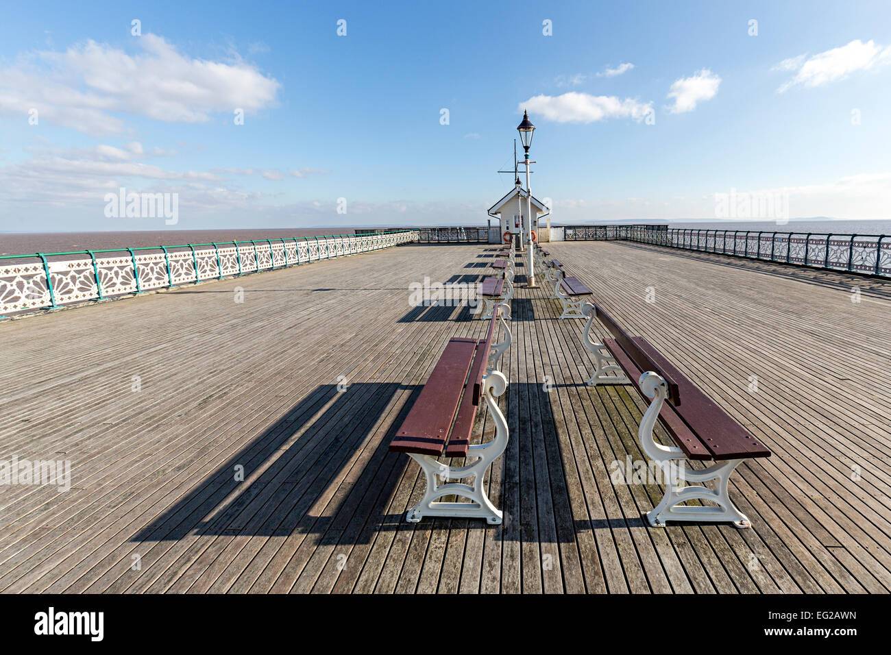 Bench seats on the end of the Victorian pier at Penarth, Wales, UK ...