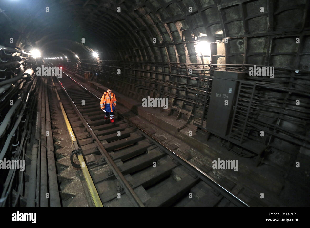 Moscow, Russia. 14th Feb, 2015. A worker in a Moscow Metro tunnel Stock ...