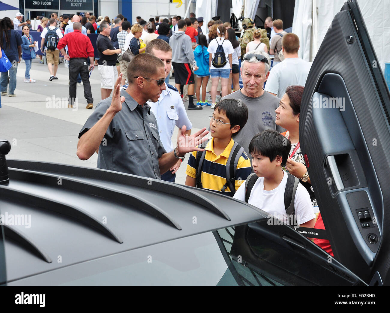 Jon Engle, tour manager for the Challenger Vapor, talks with visitors ...