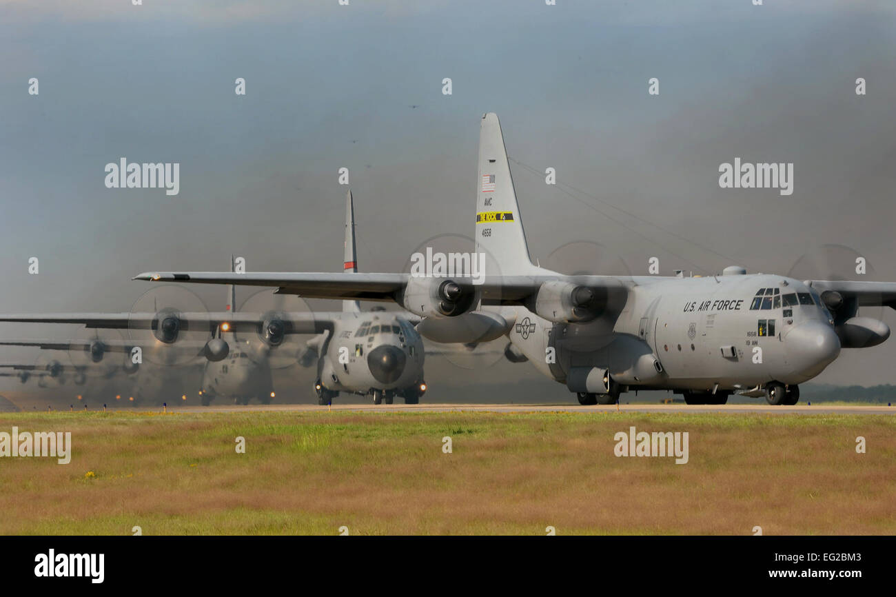 C-130 Hercules line the runway before a flight, at Little Rock Air ...