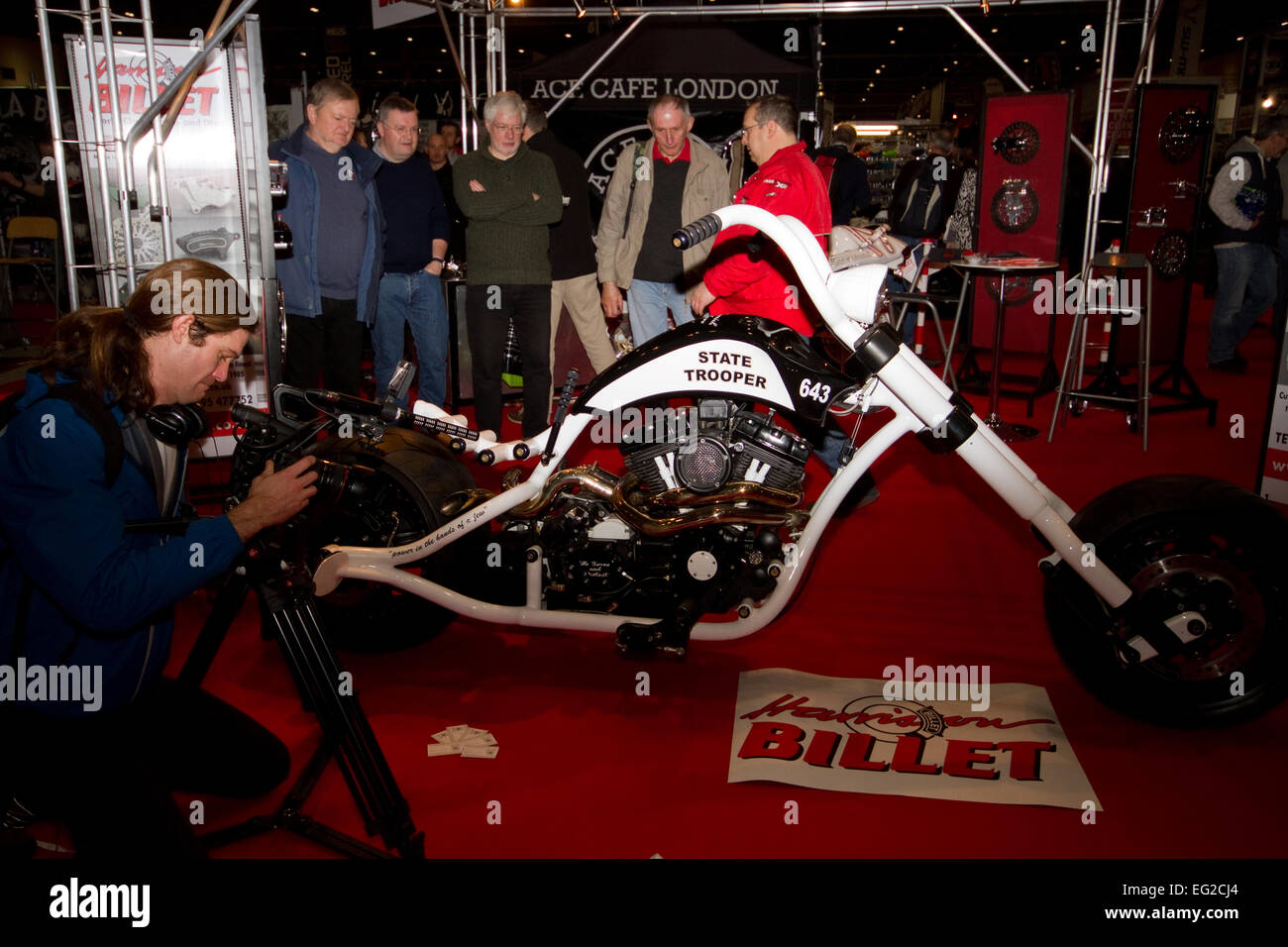 A Harrison billet Motorbike is filmed at the Carole Nash London ...