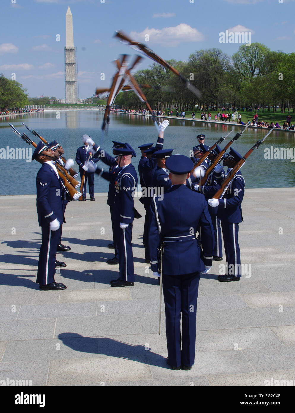 The U.S. Air Force Honor Guard Drill Team throw their M-1 Garand rifles ...