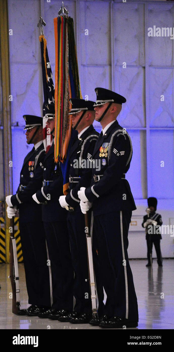 The U.S. Air Force Honor Guard color guard stands at ceremonial parade ...