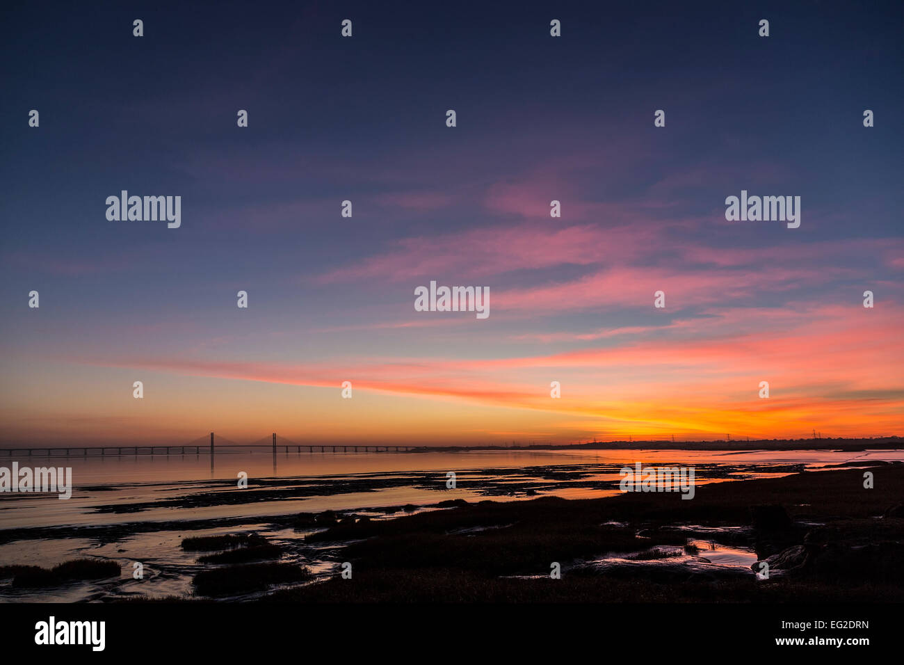 Second Severn Bridge at sunset from Beachley Point, River Severn ...