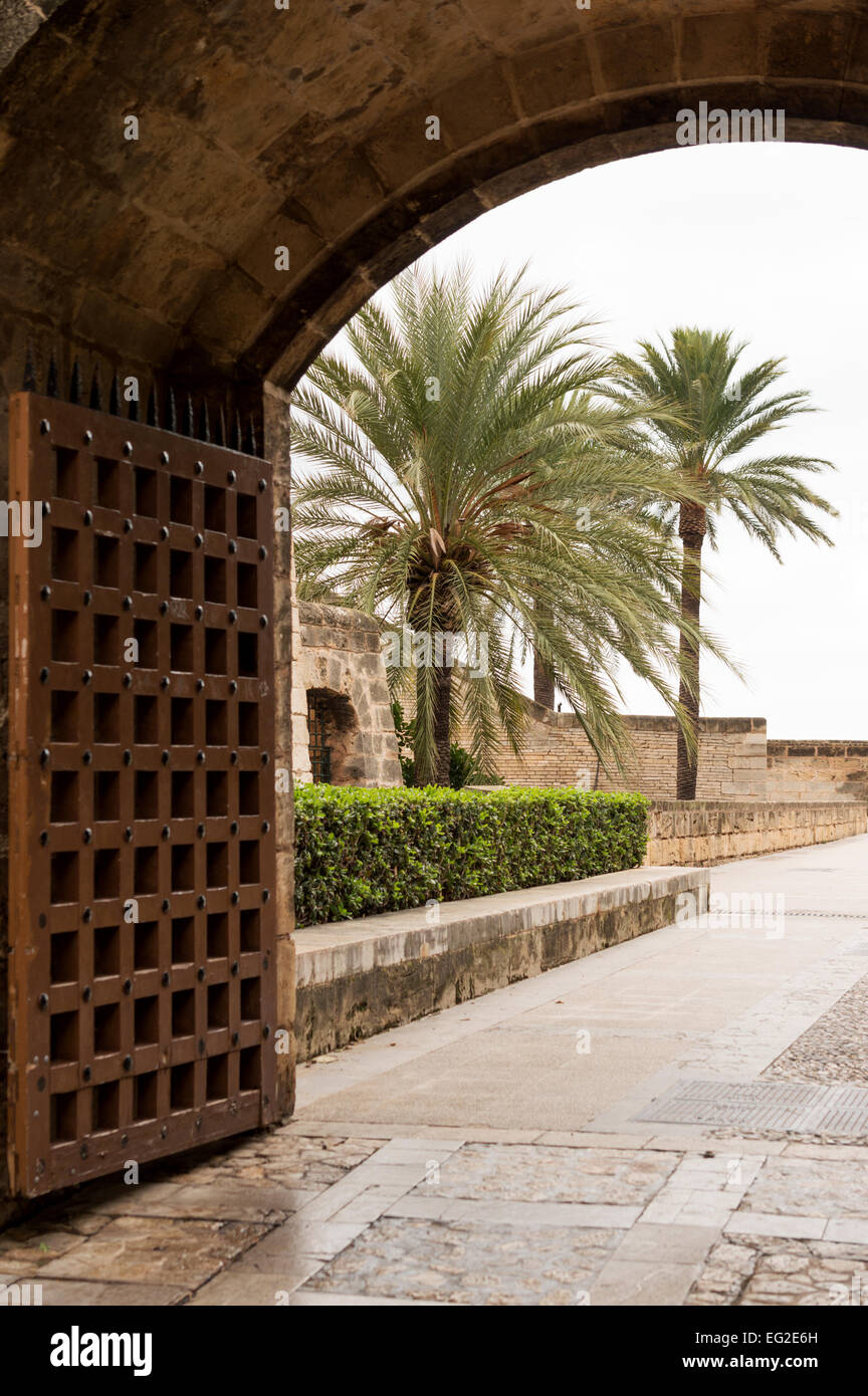 Arched gateway at the medieval Royal Almudaina Palace, Palma de ...