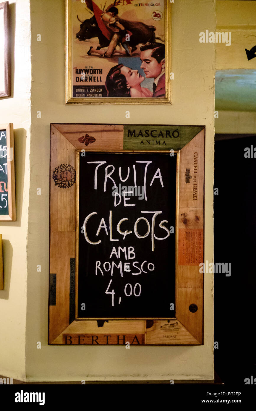 Sign for onion omelettes in a typical tapas bar in Barcelona, Spain ...