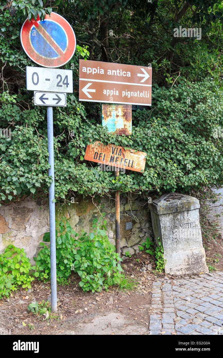 Old signs at a crossroads on the Via Appia in Rome, Italy Stock Photo ...