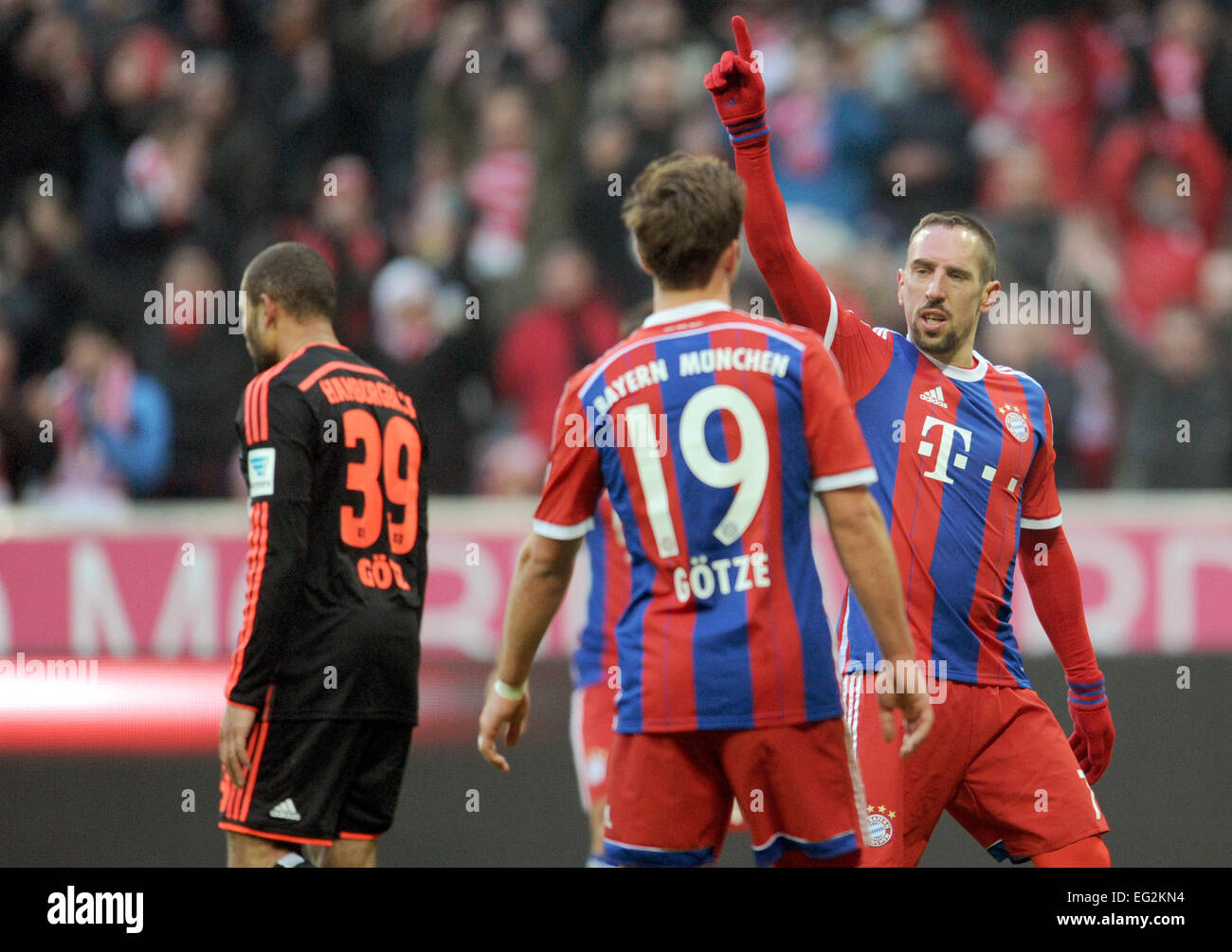 Munich's Franck Ribery (R) celebrates his 7-0 goal with Mario Goetze ...