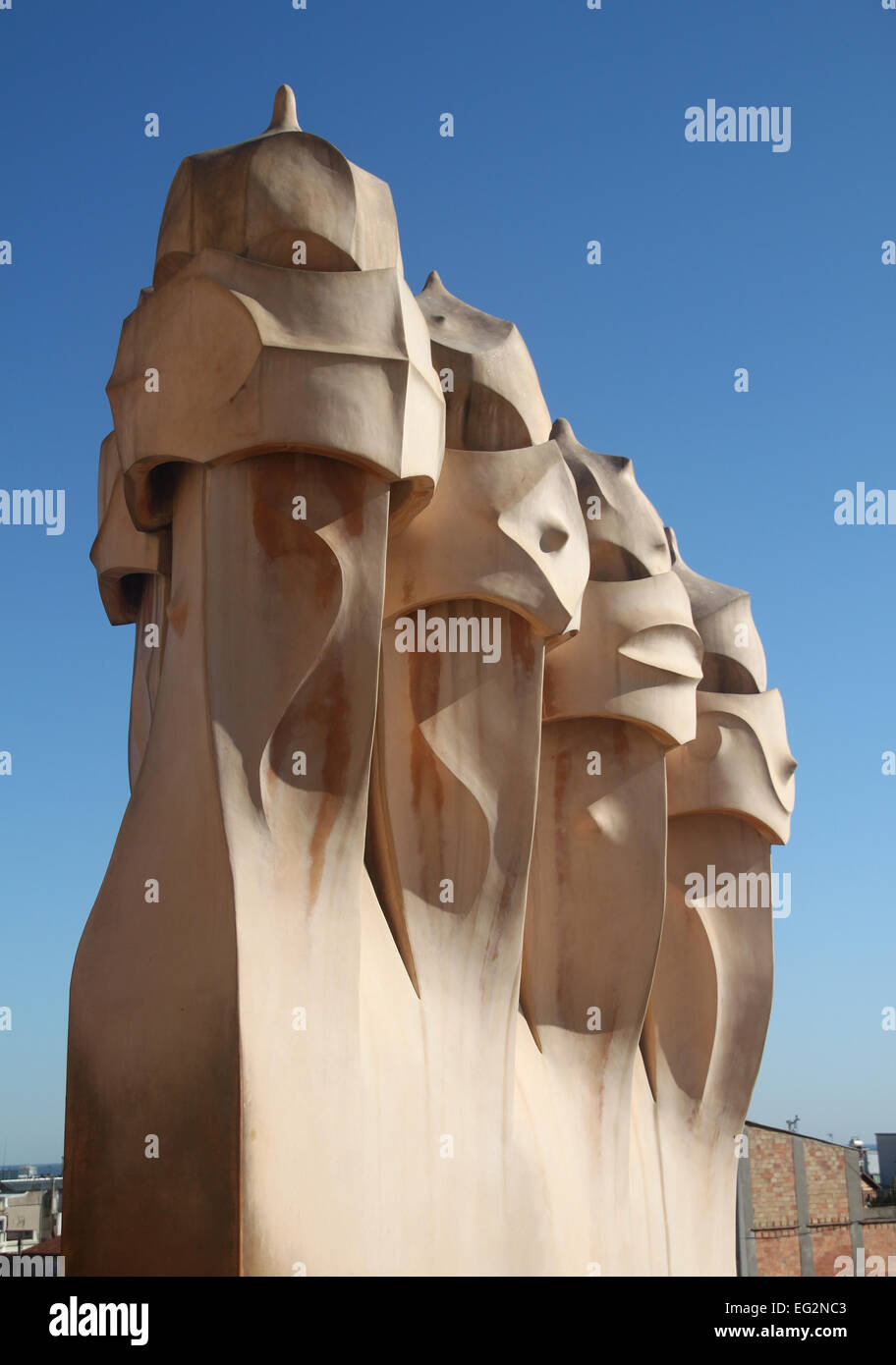 Rooftop chimneys on La Pedrera, designed by Catalan architect Antoni ...