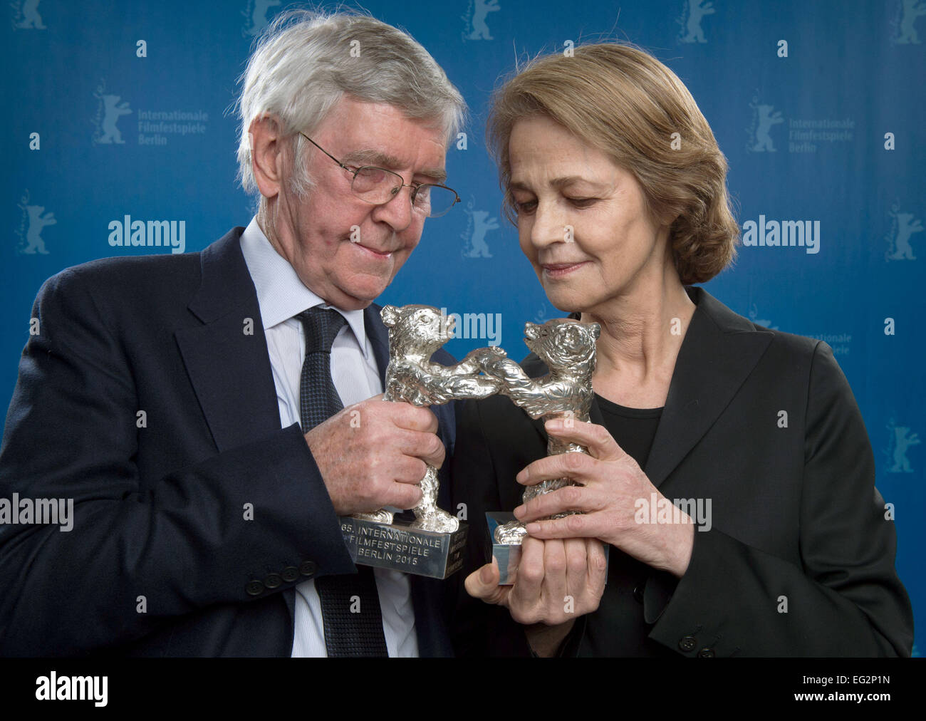 Berlin, Germany. 14th Feb, 2015. British actors Tom Courtenay (L) and ...