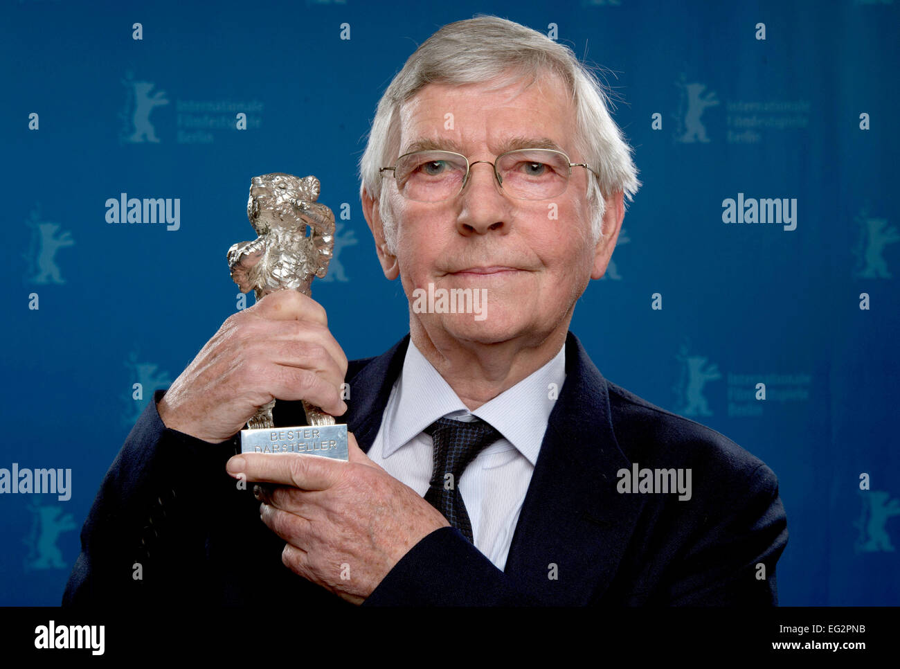 Berlin, Germany. 14th Feb, 2015. British actor Tom Courtenay holds up ...