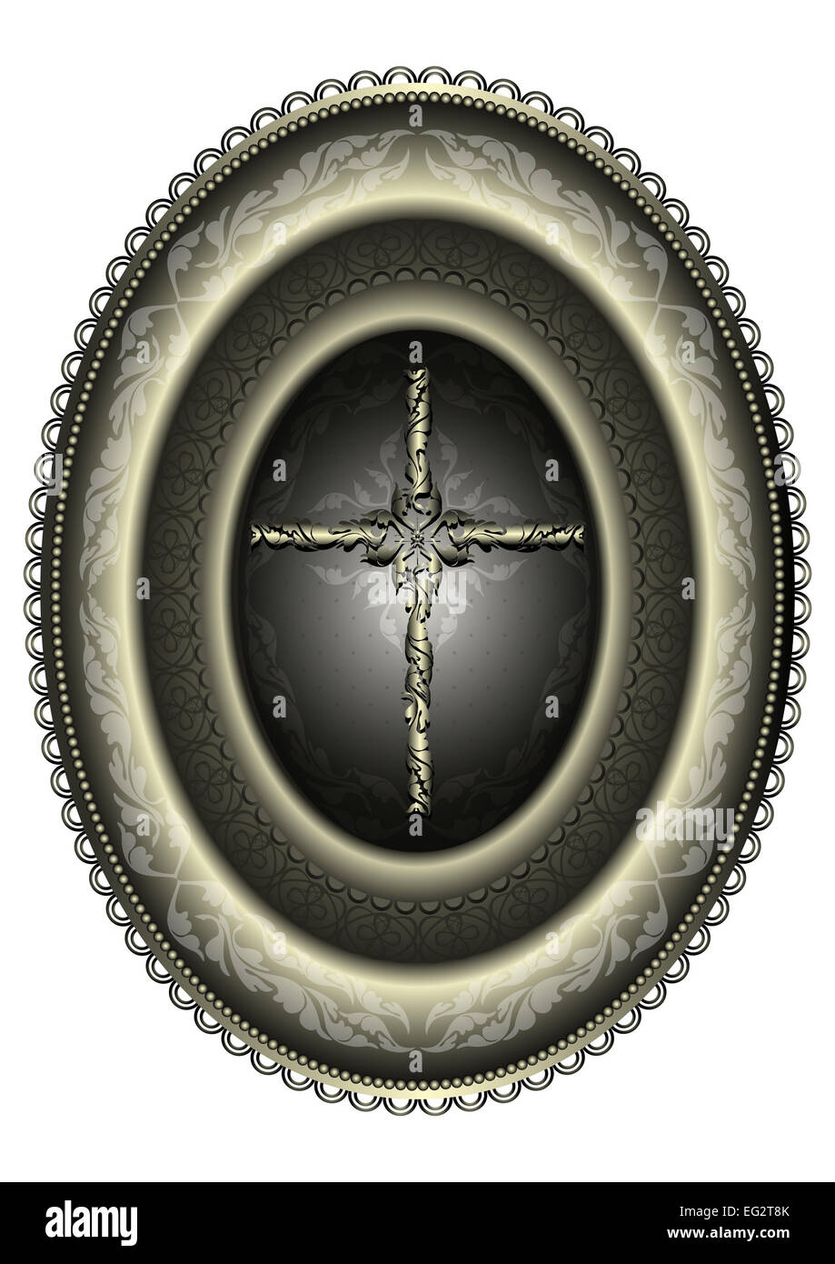 Oval silver medallion with cross framed patterned border Stock Photo ...
