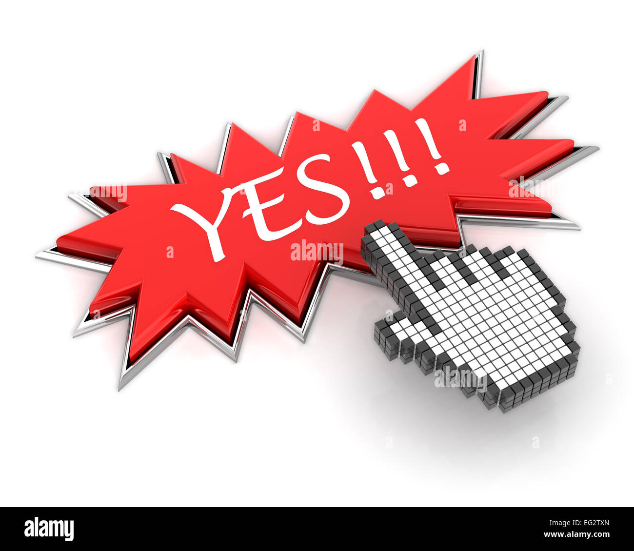 Hand cursor clicking a starburst yes button, 3d render Stock Photo - Alamy