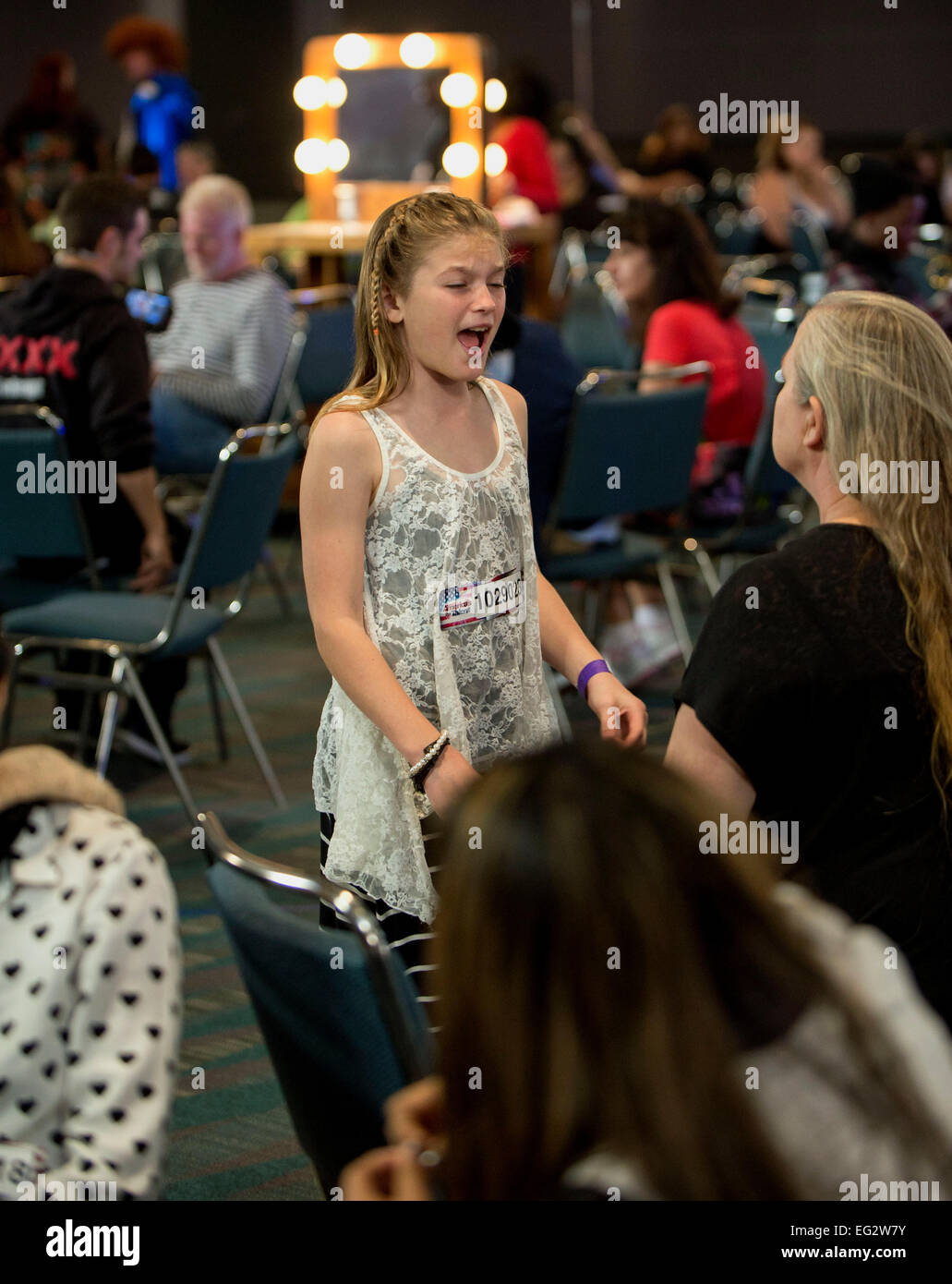 Los Angeles, California, USA. 14th Feb, 2015. LILY HIGHTOWER, 11, warms ...