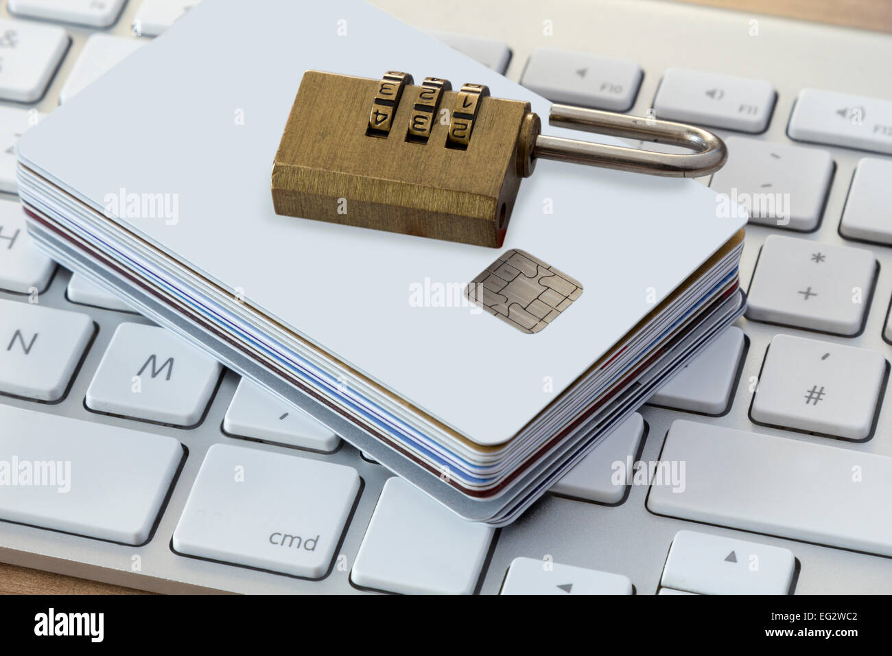 Batch of Credit or debit Cards with a combination lock on a modern ...