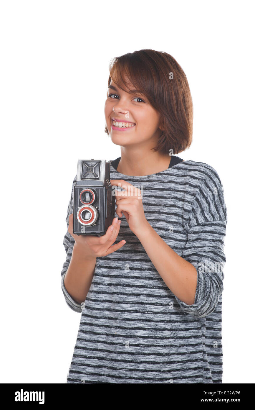Lovely teenage girl with retro photo camera Stock Photo - Alamy