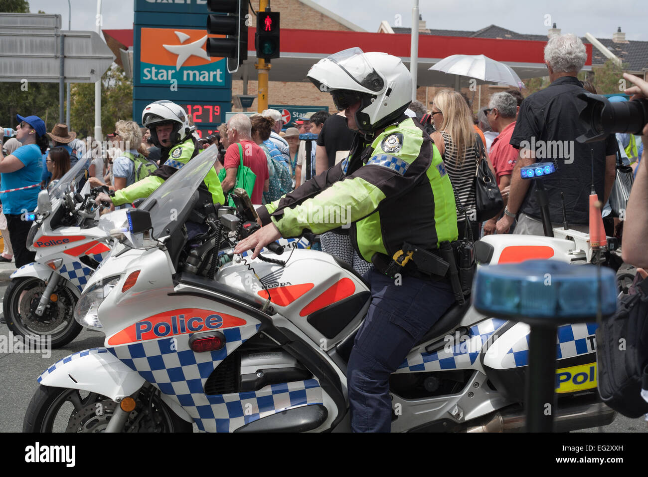 Western Australian motorcycle police officers performing crowd control ...
