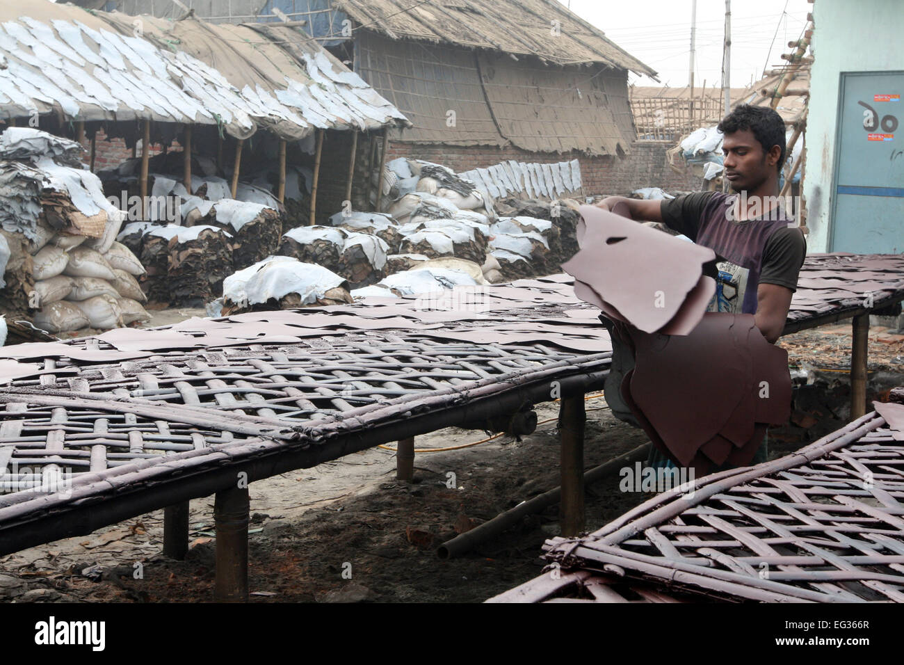 Drying leather under sun. The processed leather will be used to make ...