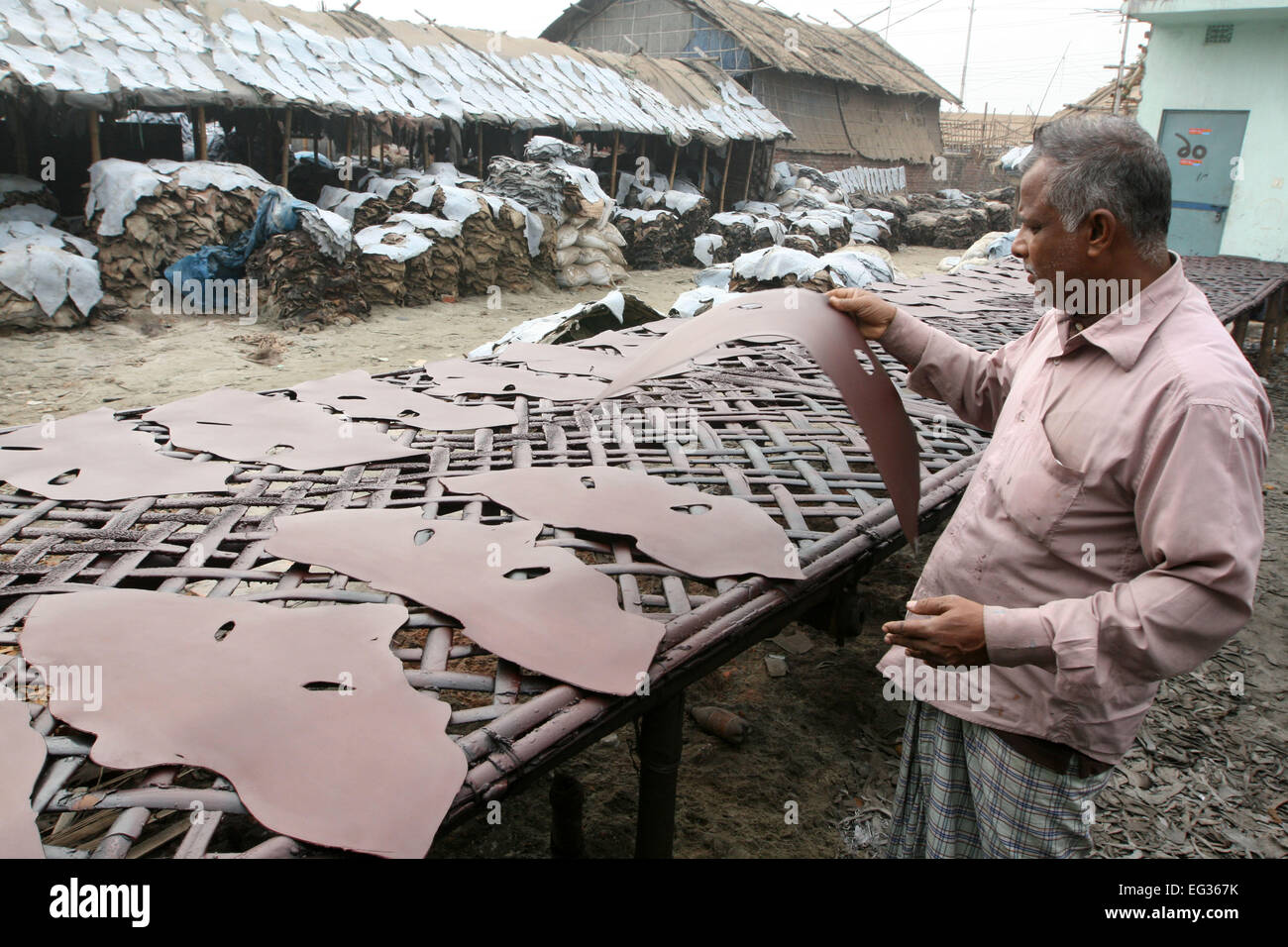 Drying leather under sun. The processed leather will be used to make ...