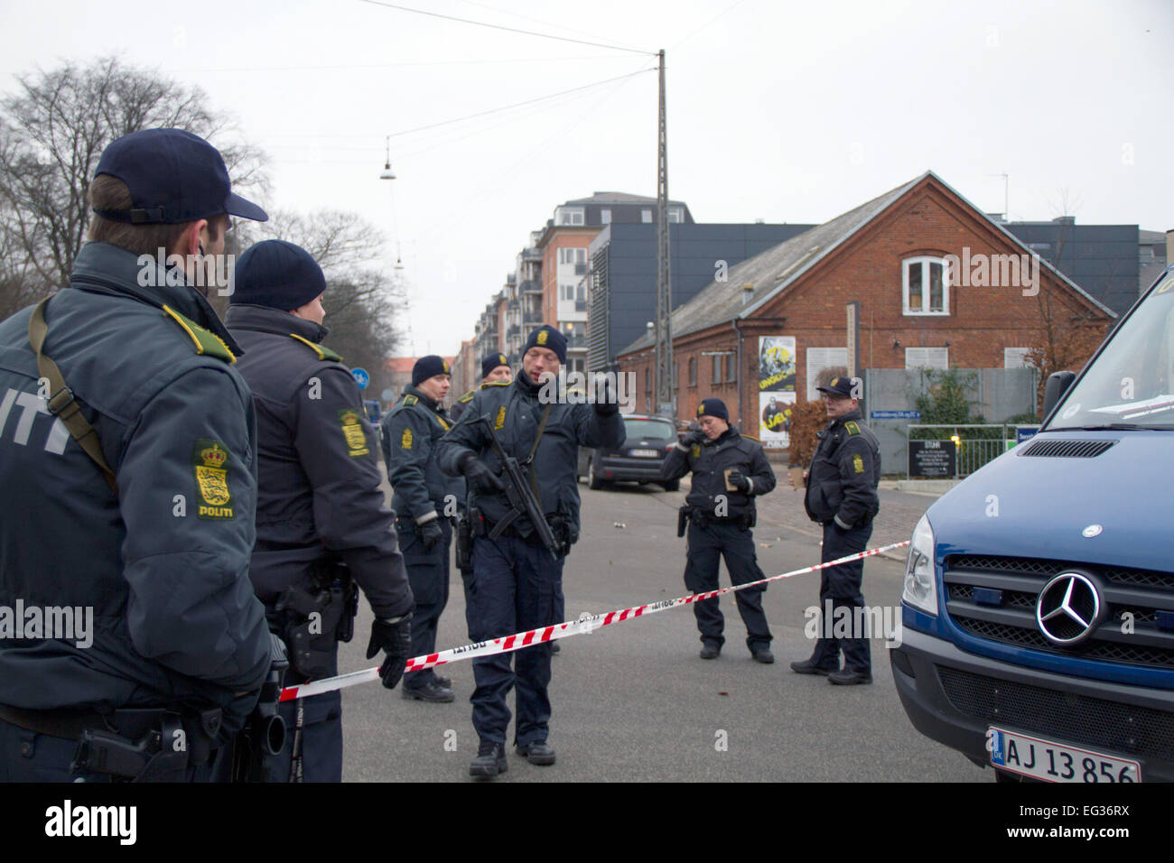 Copenhagen, Denmark. 15th Feb, 2015. The police cordon near the ...
