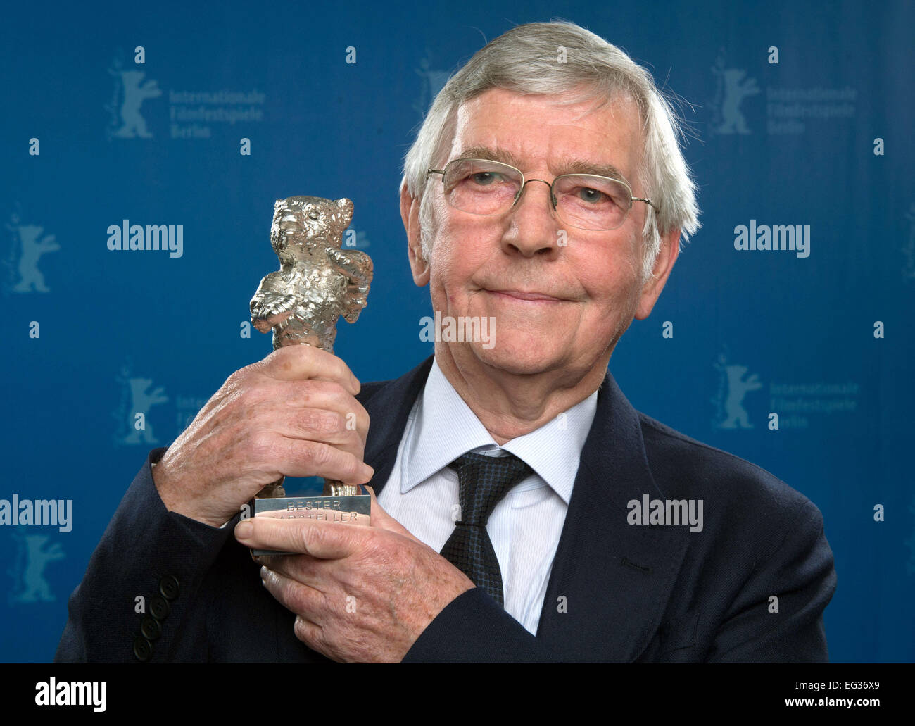 Berlin, Germany. 14th Feb, 2015. British actor Tom Courtenay holds up ...