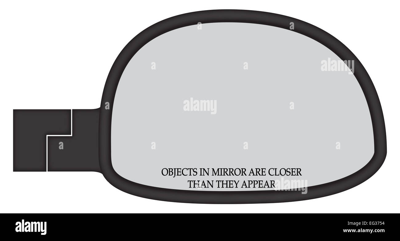 A car side mirror with a warning sticker isolated on a white background ...