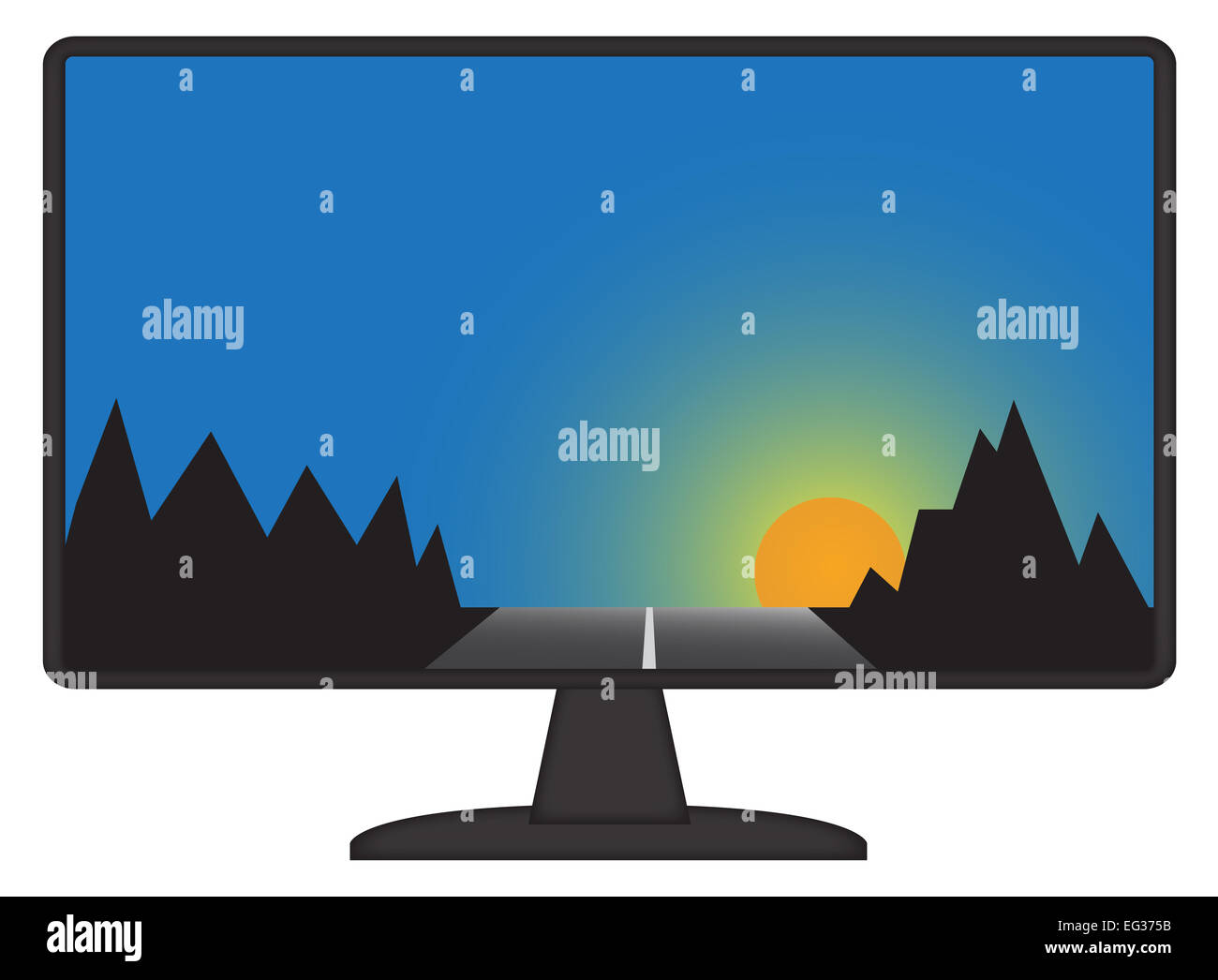 A mountain scene on a computer screen isolated on a white background ...