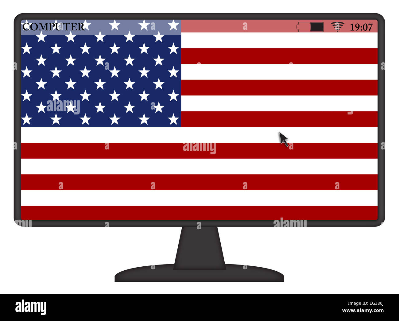 A mouse arrow or cursor on an American flag computer screen isolated on ...