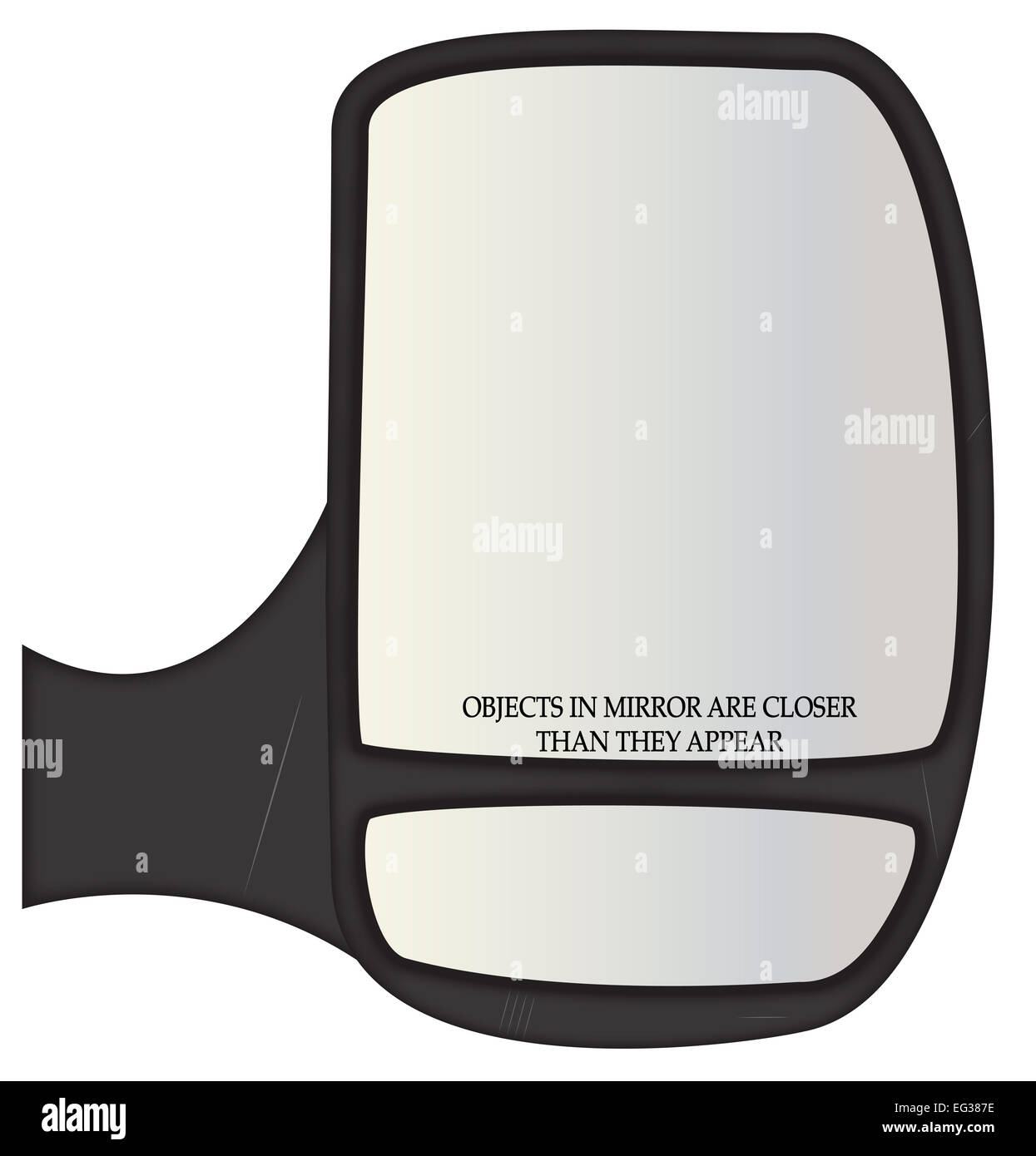 A van side mirror with warning text isolated on a white background ...
