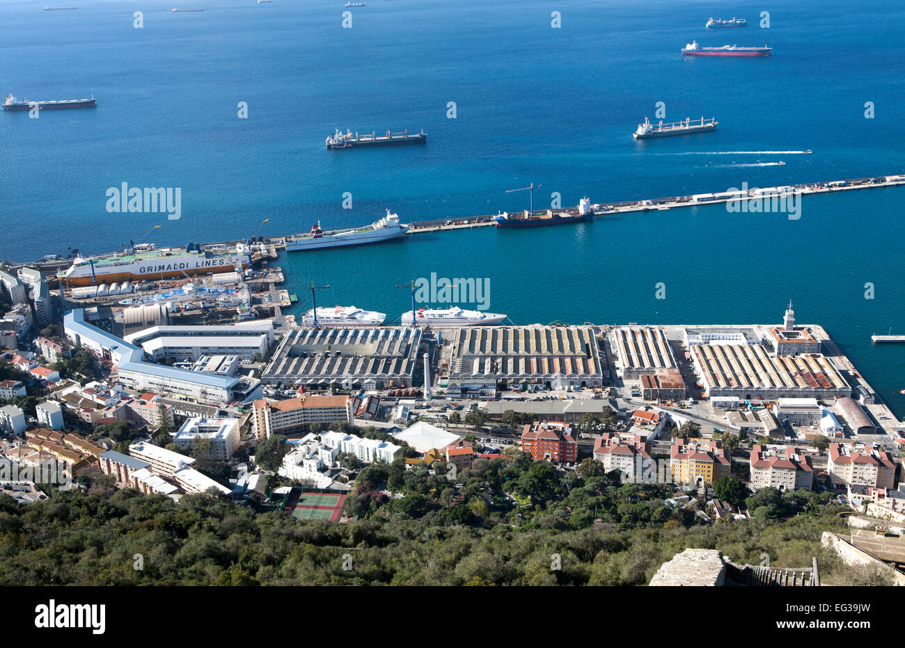 View over docks and shipyard warehouses in Gibraltar, British territory ...