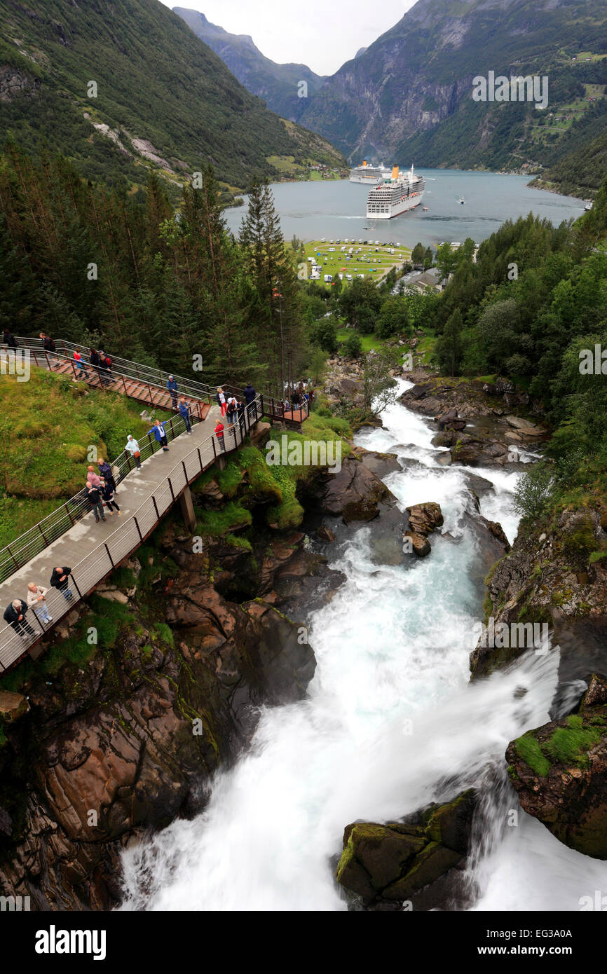 View of the river at Geiranger town, Geirangerfjord, UNESCO World ...