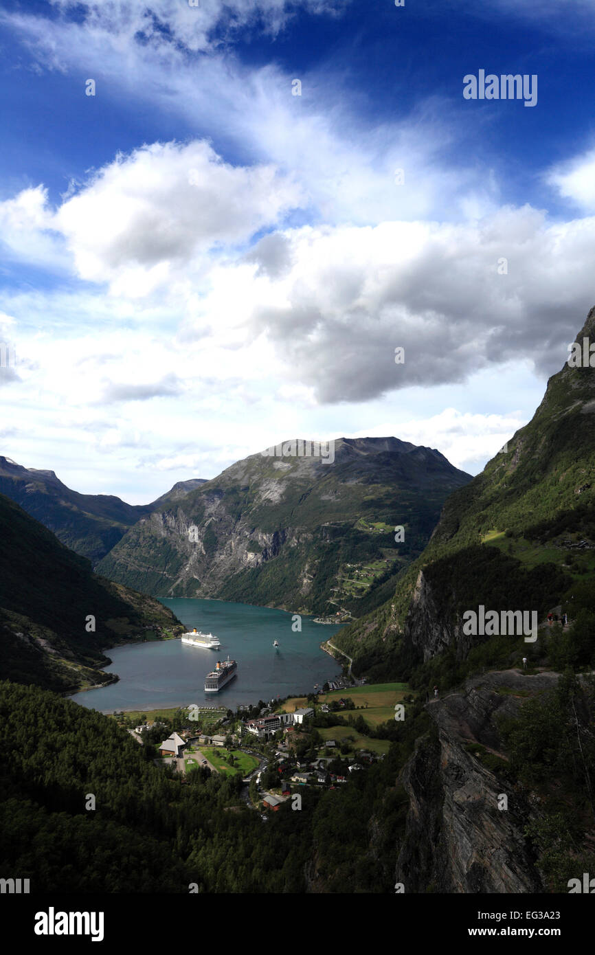 View of cruise ships in Geirangerfjord, Geiranger town, UNESCO World ...