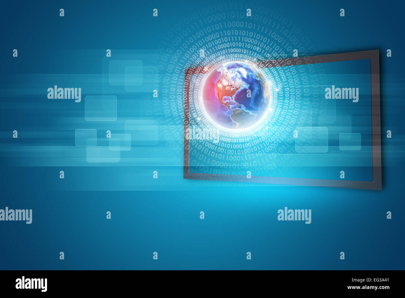 Touchscreen display with Globe and radiant figures, on blue background ...