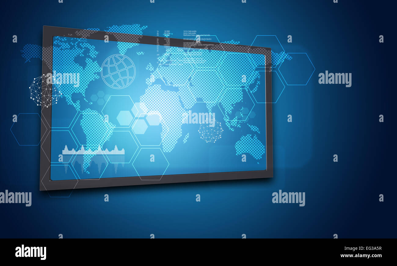Touchscreen display with world map, graph and other elements Stock ...