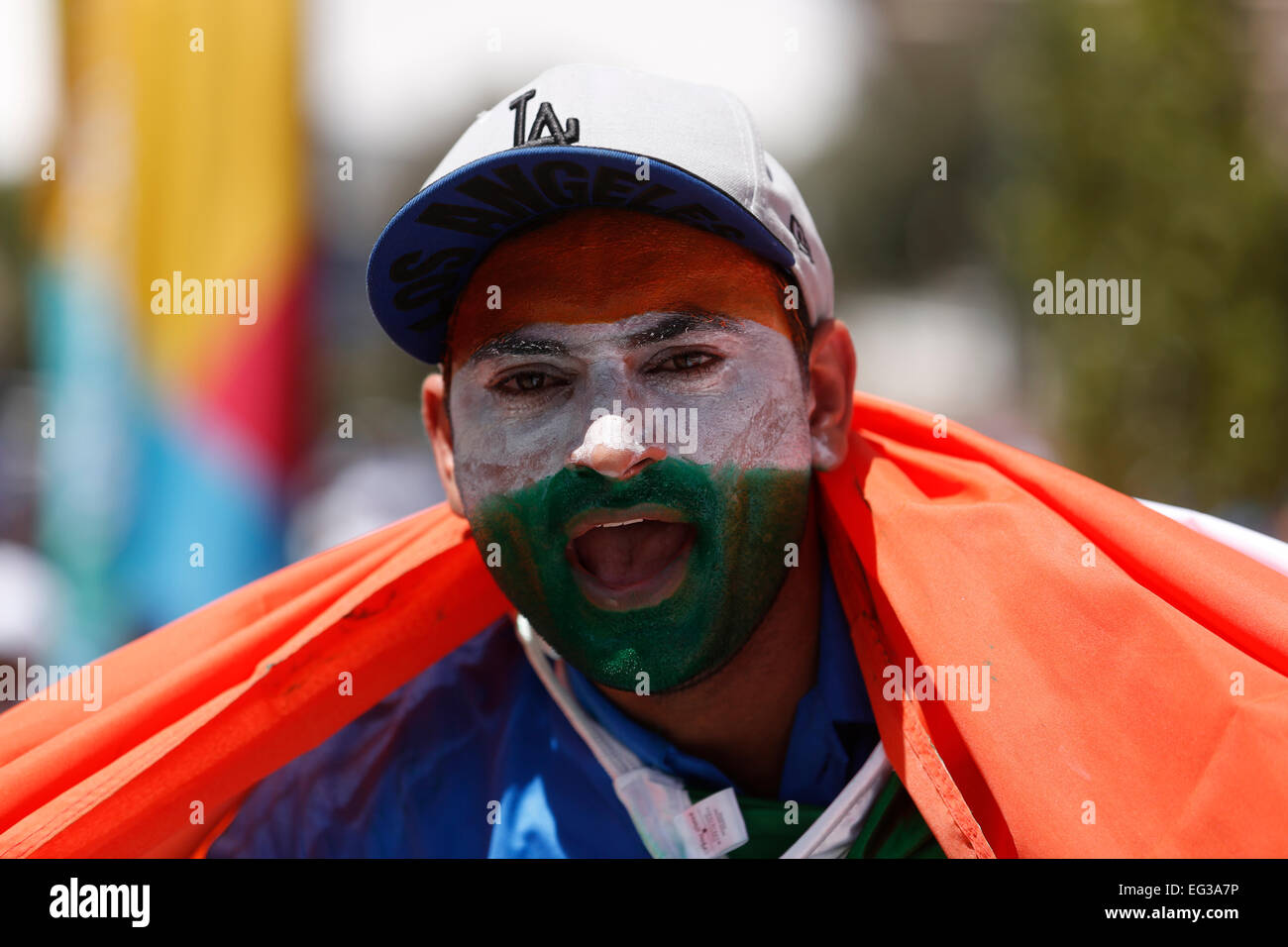Indian cricket fan with face painted in indian colors hi-res stock ...