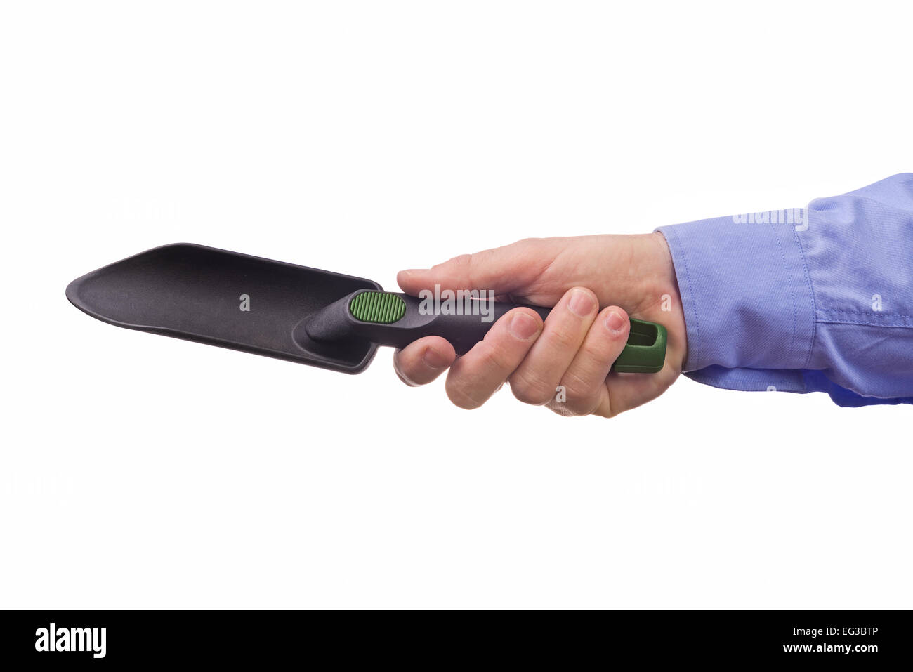 Male worker's hand holding plastic garden trowel. Part of series set of ...