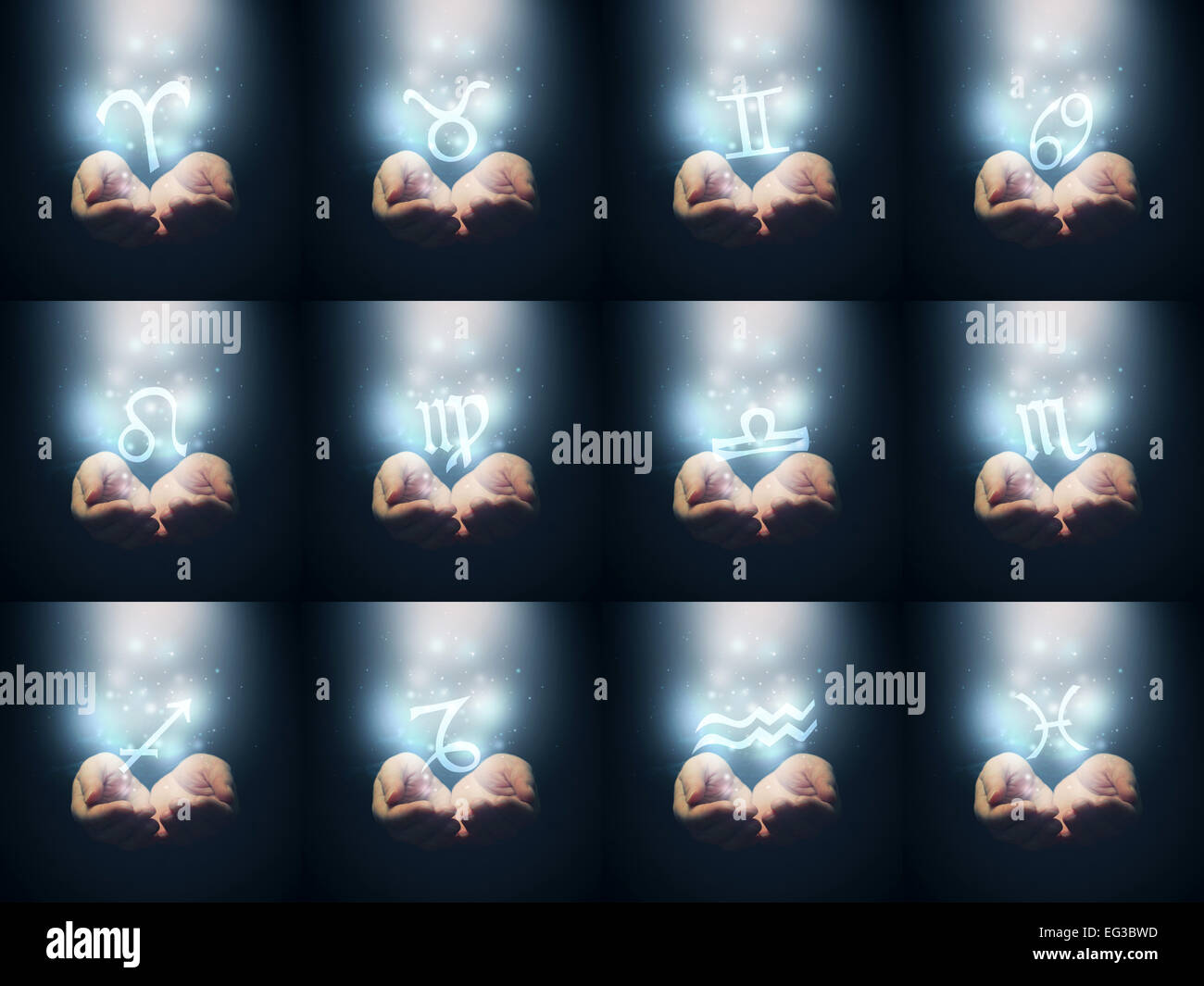 Female hands holding zodiac signs set. All Horoscope symbols, full ...