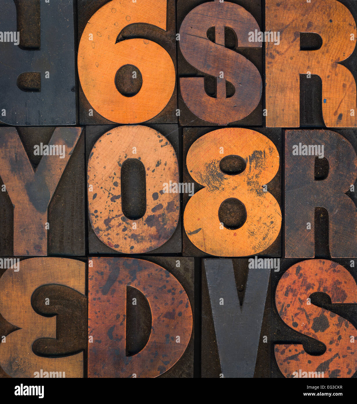 Wooden letterpress letters and numbers stained with printing ink Stock ...