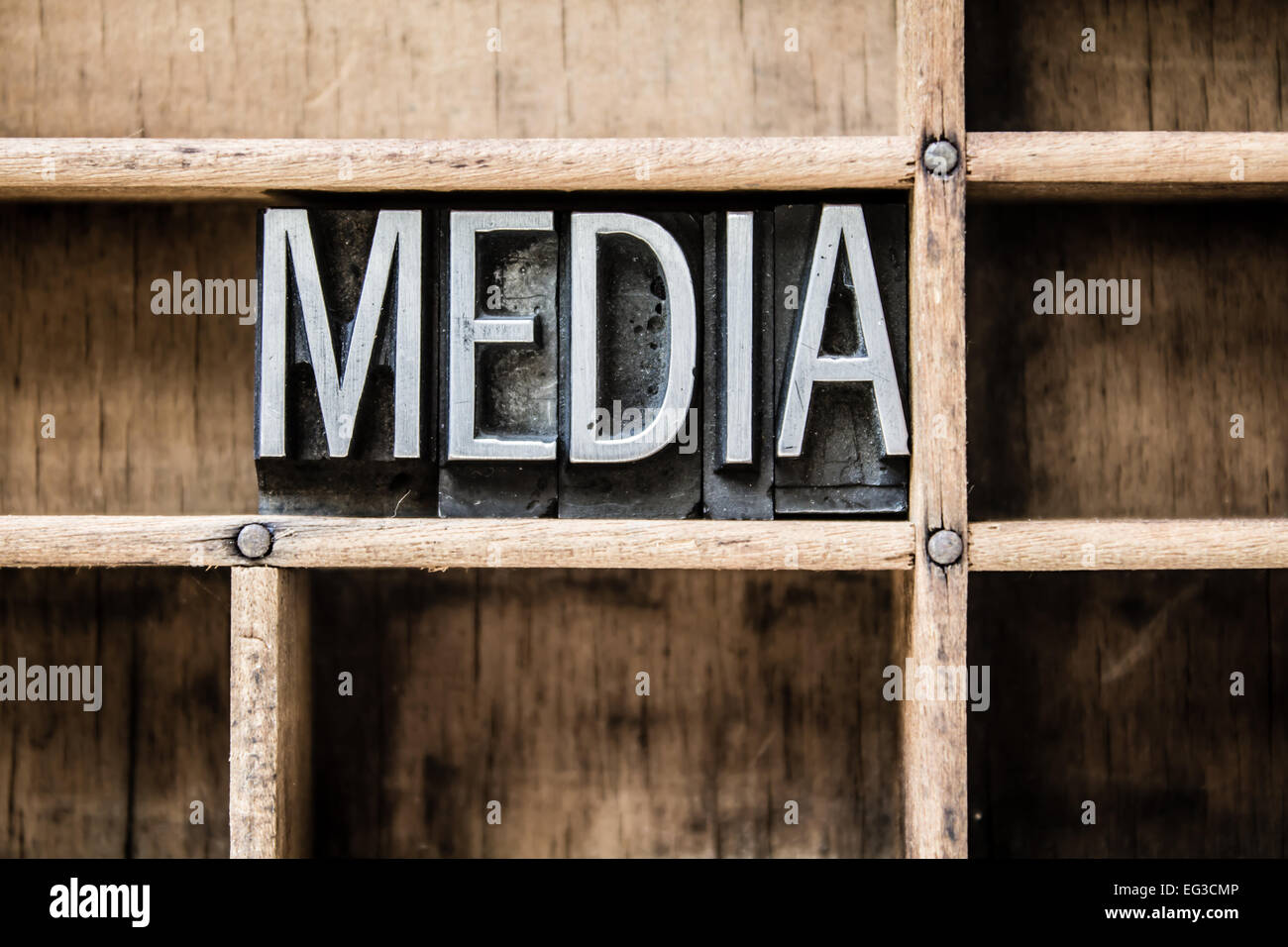 The word "MEDIA" written in vintage metal letterpress type sitting in a ...