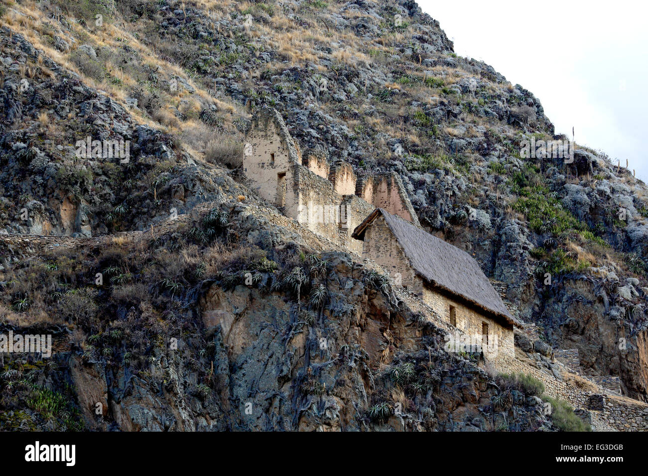 Storehouses on hillside, Ollantaytambo Inca ruins, Ollantaytambo ...