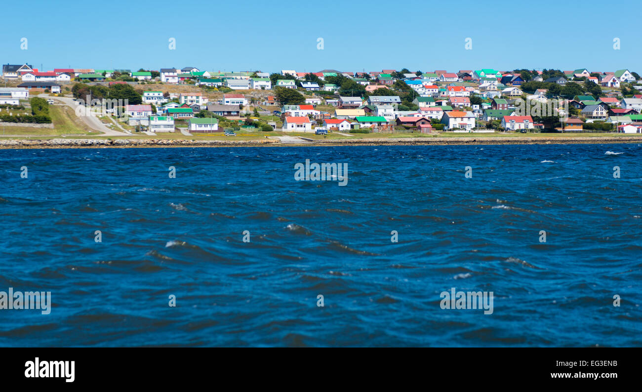 View of Stanley, Falkland Islands capital, from the water, summertime ...
