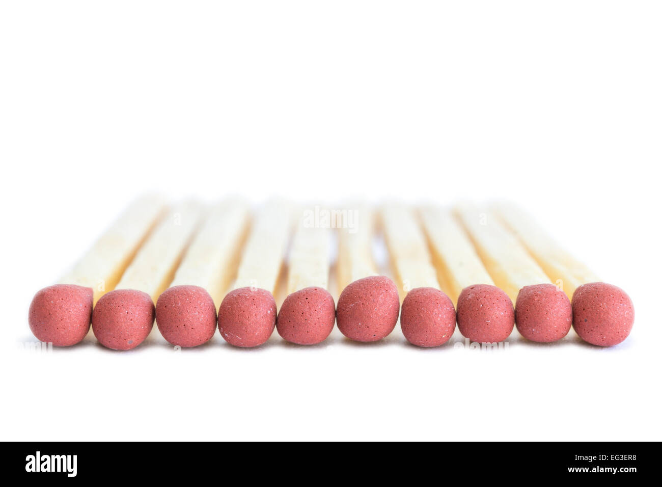 Closeup of several matches viewed from the front, isolated on white ...