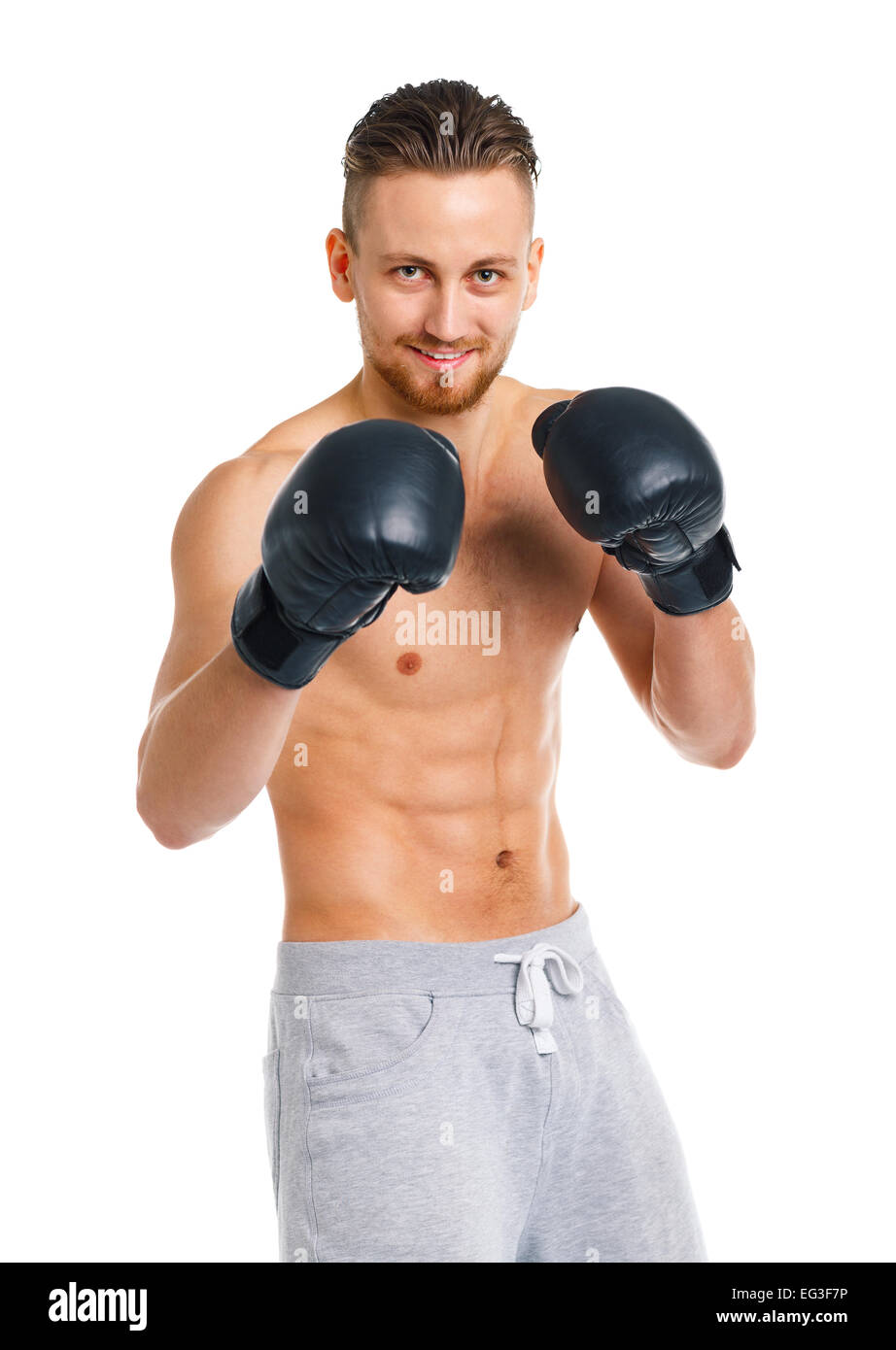 Sport attractive man wearing boxing gloves on the white background ...